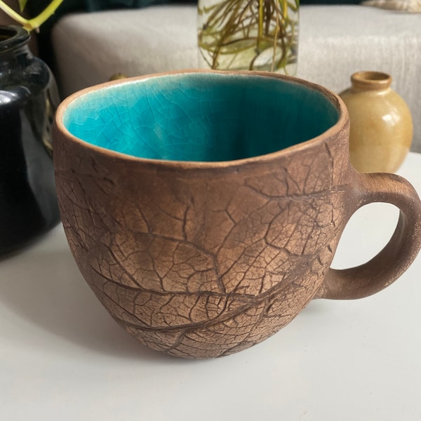 Handmade Ceramic Mug || Pottery Mug With Leaf Impressions, Unique Leaf ...