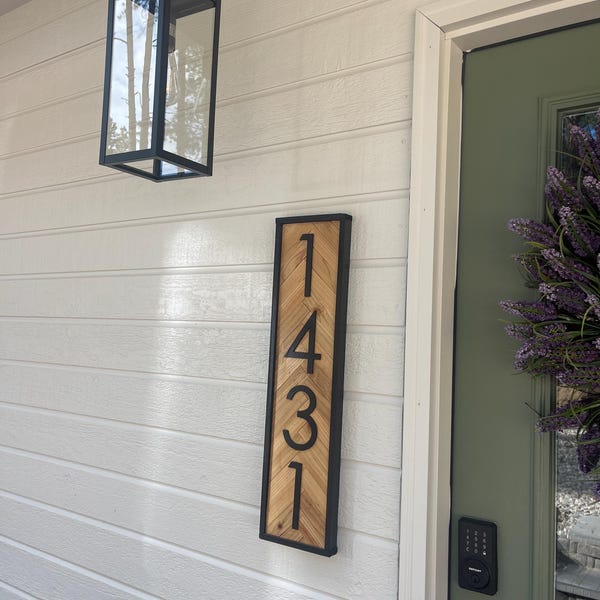 Handcrafted Cedar Address Sign: Modern Herringbone House Number Plaque ...