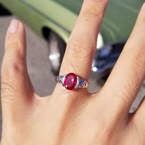 Lab Ruby Ring Engagement Wedding Ring Oval Cut Gemstone Sterling Silver ...