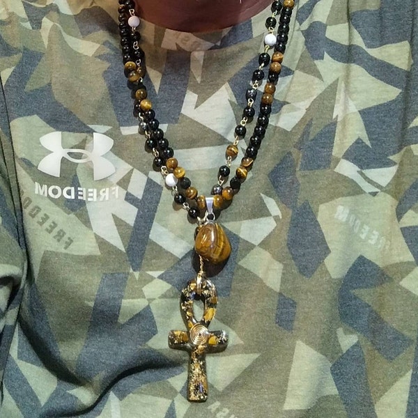 Men's Protection Necklace Big Raw Tiger Eye Pendant Beads Necklace ...