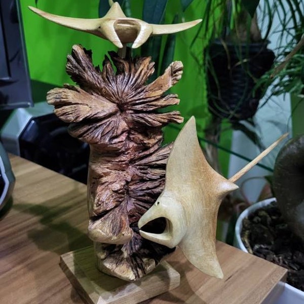 Wooden Manta Ray Couple Sculpture, Art Piece, Exotic, Figurine, Fish ...