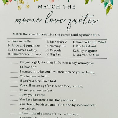 Match the Movie Love Quotes Game, Bridal Shower Game, Floral Wedding ...