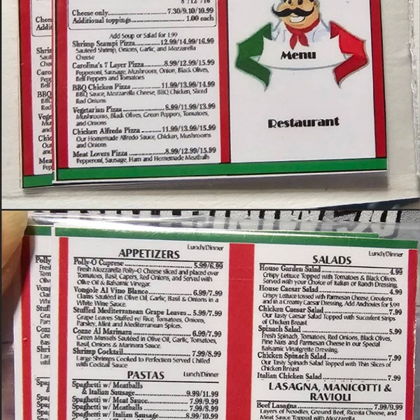 Miniature ITALIAN RESTAURANT & Pizzeria MENUS - Dollhouse 1:6th 1/12th ...