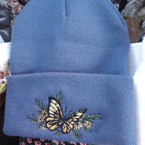 Blue Butterfly Beanie - Handmade Embroidered Toboggan - Boho Indie ...