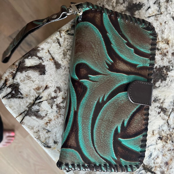 Handmade Turquoise and Brown Leaf Embossed Leather Crossbody Pouch - Etsy