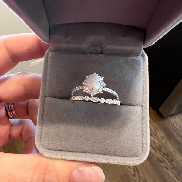 Oval Shape White Fire Opal and Diamond Engagement Ring Set Unique Rose ...