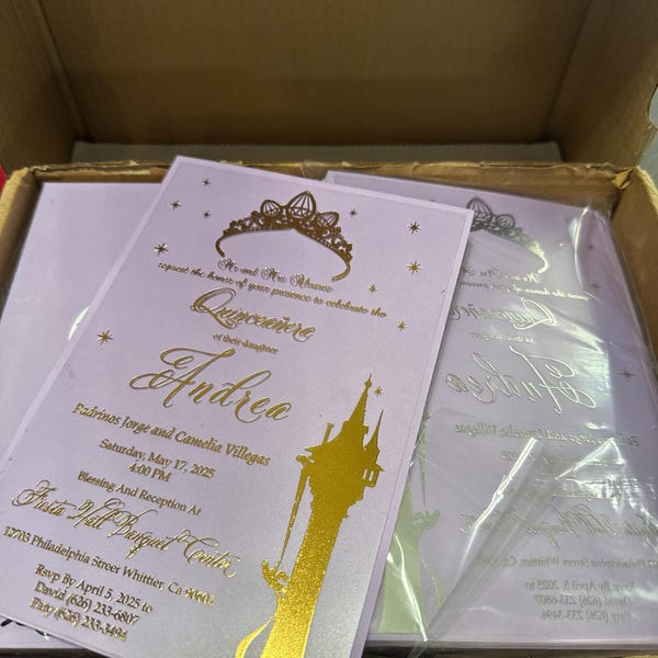Rapunzel Quinceanera Invitation: Gold Crown, Lilac Envelope, Sweet 16 ...