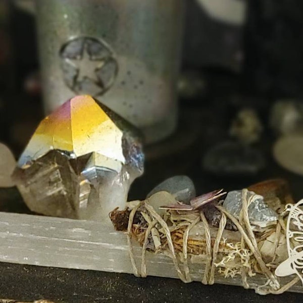 Pink Dried Flower Mini Selenite Wand With Pink Moth and Quartz Crystal ...