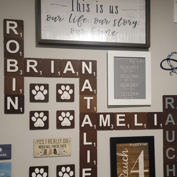 4x4 Wooden Scrabble Tiles Wall Art, Family Scramble Letters Sign, Wood ...