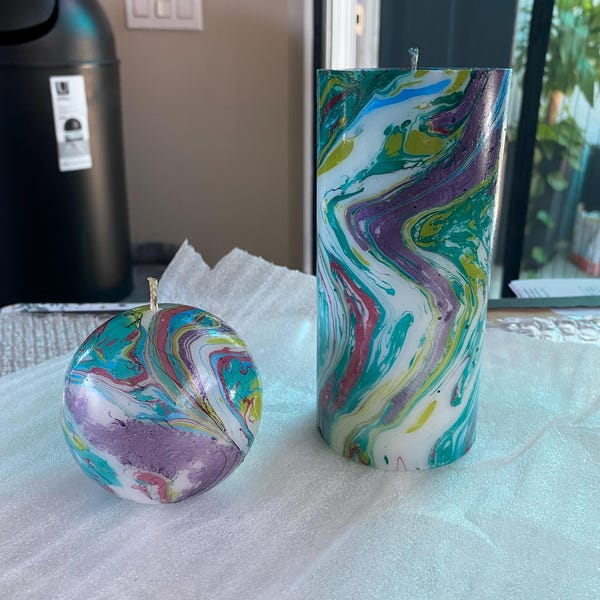 Marbled Pillar Candle Rainbow Swirl Hand-dip Dyed Colorful Tie-dye ...