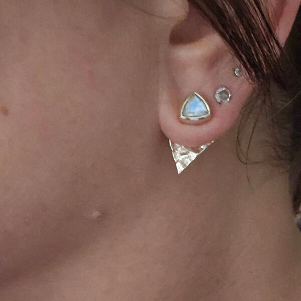 Rainbow Moonstone Studs Earrings* Moonstone Double Triangle Studs* 14K Gold Moonstone Studs ...
