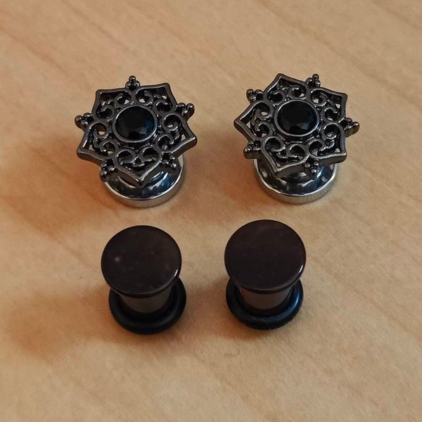 Pairs Black Gem Ear Plugs/vintage Gauge Plugs/flower Plug Earring ...
