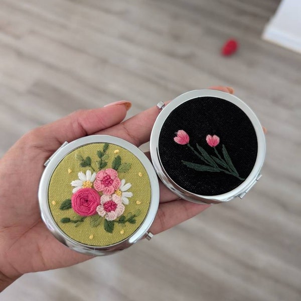Customized Compact Mirror Cute Cat Hand Embroidered for Mom, Handmade ...