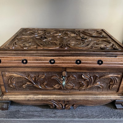 Secret Lock Wooden Box, Carved Wooden Chest, Wooden Locking Box, Wooden ...