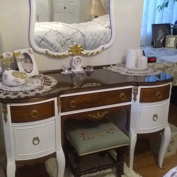 Antique Makeup Vanity Dressing Table Desk Light Blue Hand Painted ...