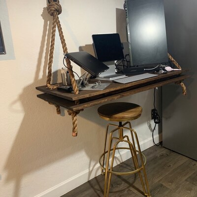 2 Level Rope & Pipe Desk Farmhouse Suspended Wood Wall Mounted Standing ...