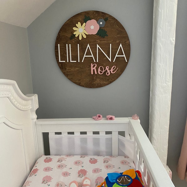 Custom Name Sign | Round Baby Name Sign | Floral Nursery Room Decor ...