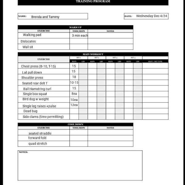 Printable Personal Training Program Sheet Templates - for Personal ...