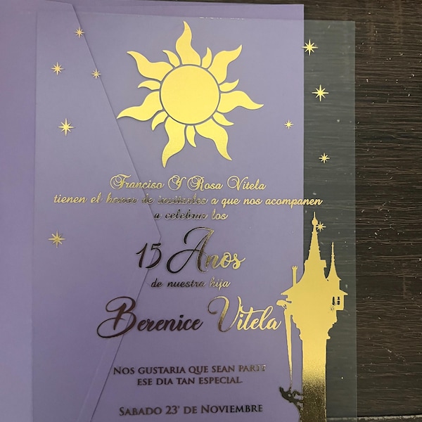 Rapunzel Quinceanera Invitation: Gold Crown, Lilac Envelope, Sweet 16 ...