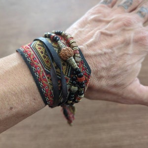 Mens Gypsy Gemstone Bead Stacking Bracelet Set-black Onyx Wood Beaded Leather Wrap Boho Bracelet ...