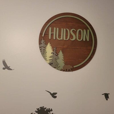 24 Forest Wood Name Sign 24 Round Sign Nursery Bear Woodland Baby ...