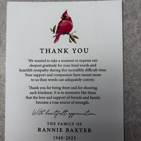 Sympathy Thank You Card With Cardinal - Personalized Flat Funeral Thank ...