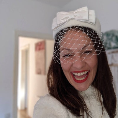 RUTH Classic Ivory Velour Felt Pillbox Hat With Silk Bow and Birdcage ...