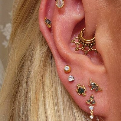 14K Gold Moss Agate Earring Threadless Push Pin Stud Dainty Fan Shape ...