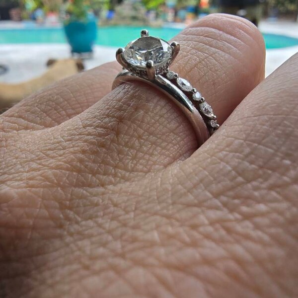 Dainty Single Prong Ring, Marquise and Round Moissanite Wedding Band ...