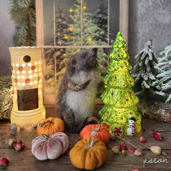 Needle Felted Monster Toothy Fluffy Toy Monster Light Blue Speckled ...