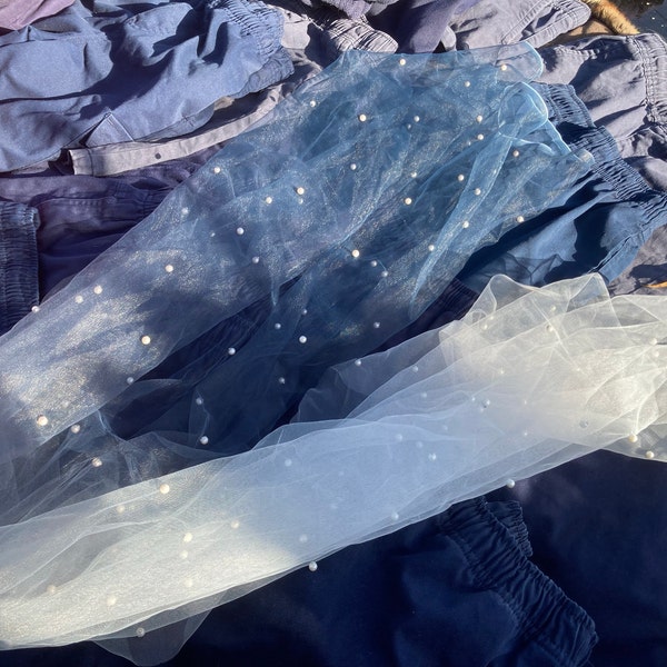 Gradient Color Tulle Blue Gray Bead Pearl Lace Fabric Exquisite Bridal ...