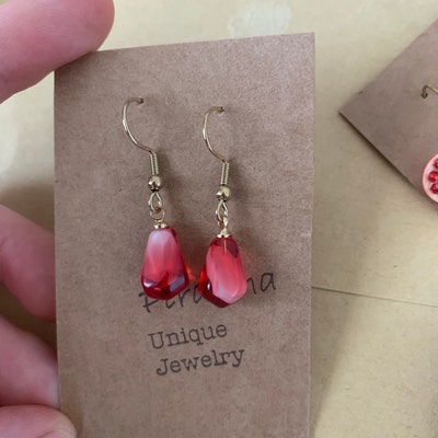 Ruby Red Cherry Earrings, Aesthetic Fruit Charm, Gean Beads, Dainty ...