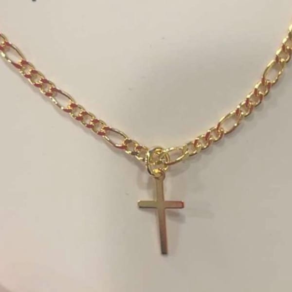 18K Baby Cross Necklace,figaro Chain With Cross,kids Gold Cross ...