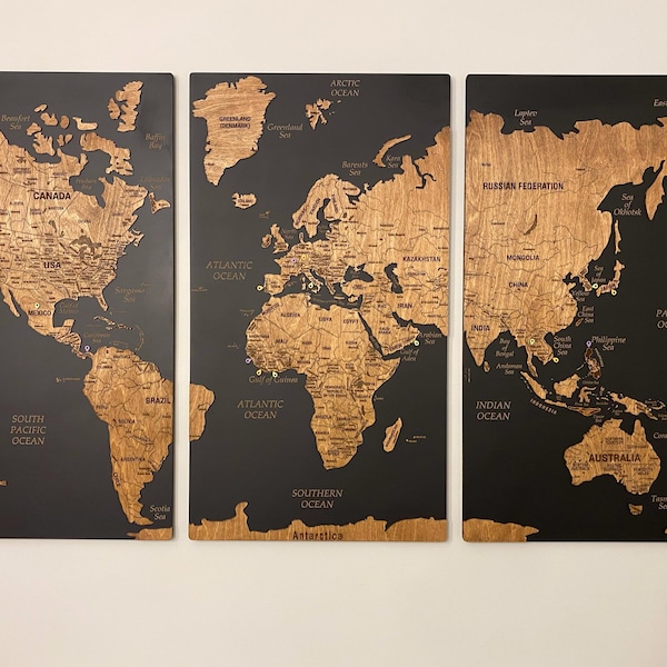 3 Panel World Map Wall Art Above Bed Decor, World Map Push Pin Travel ...
