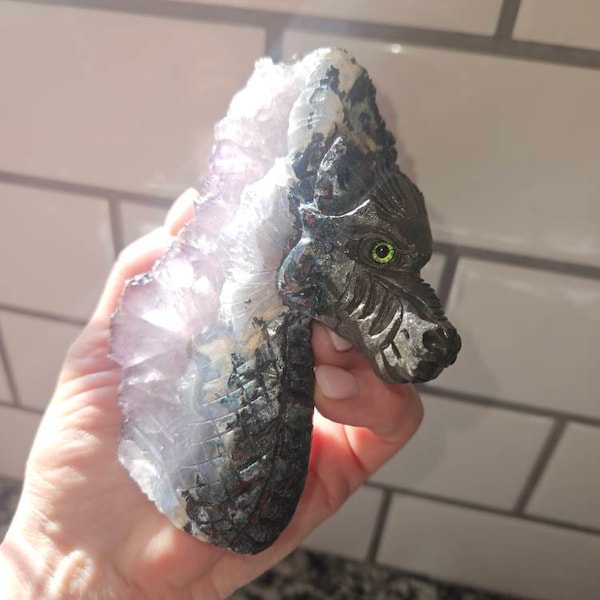 Hand-carved Dragon With Quartz Clusters Fierce Bedrock Dragon Sculpture ...