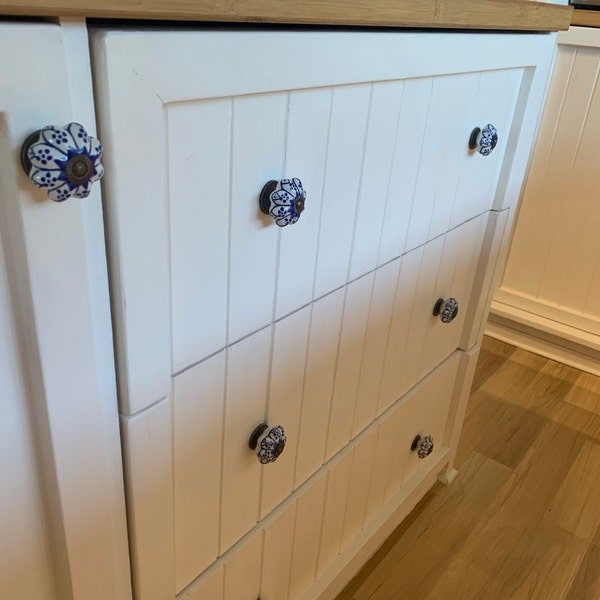 Blue Ceramic Cabinet Knobs | White Base Furniture Door Pulls | Set of Decorative Knobs for ...