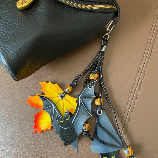 Leather Keychain Creepy Bat, Leather Purse Charm Halloween, Handbag ...