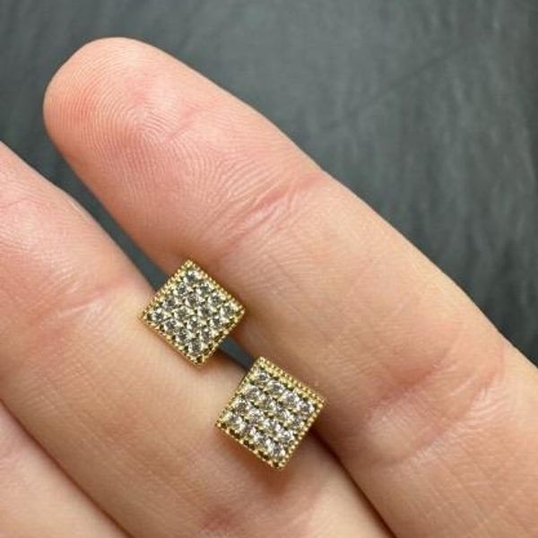 14K Solid Gold Push Back Pave Round Design CZ Diamond Earrings Elegant ...