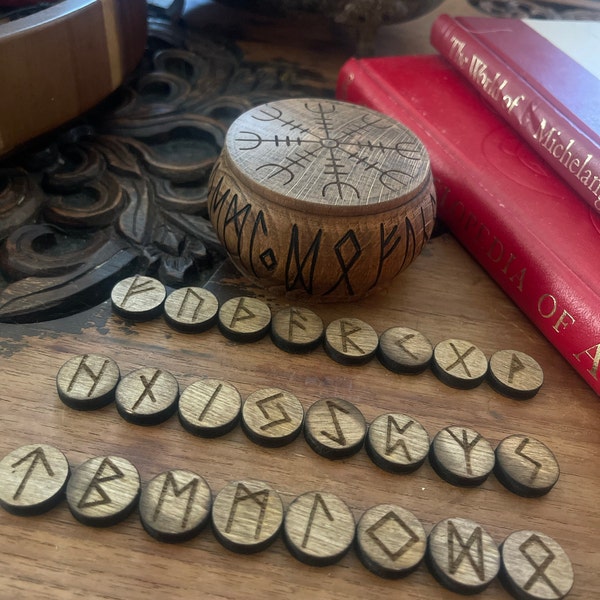 Hand Turned Alder Wood Box of 24 Dark Wood Runes Round Small Rune Set ...