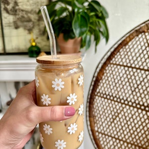 Daisy Iced Coffee Glass Cup Spring Floral Glass Cup With Bamboo Lid and ...