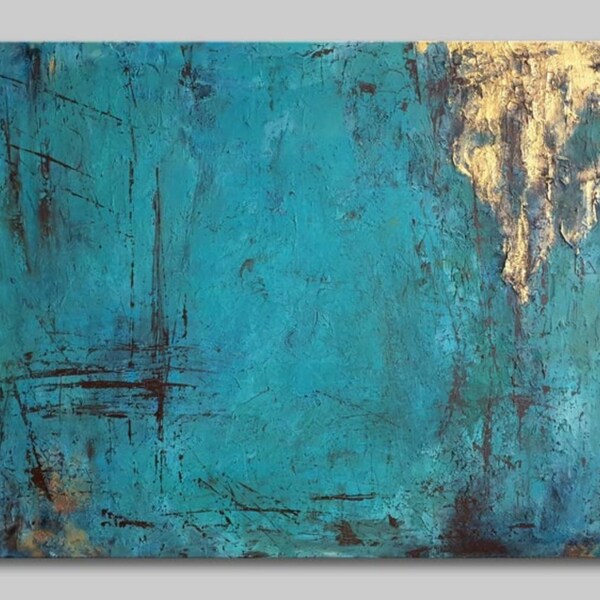 Turquoise Gold Abstract Painting, Large Modern Pallet Knife Textured ...