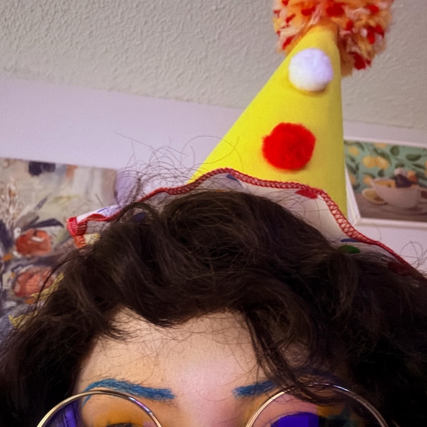 Mini Clown Yellow Hat With Multicolor Polka Dot Ruffle and Pom Poms ...