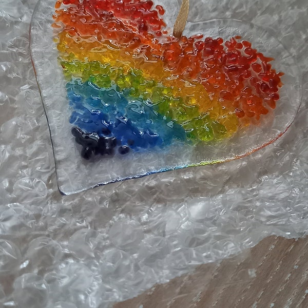 Rainbow Fused Glass Heart, Heart Light Catcher, Window Decoration ...