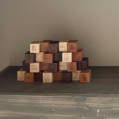 26-piece PICTURE ALPHABET Block Set Natural Wooden Toy Blocks With ...