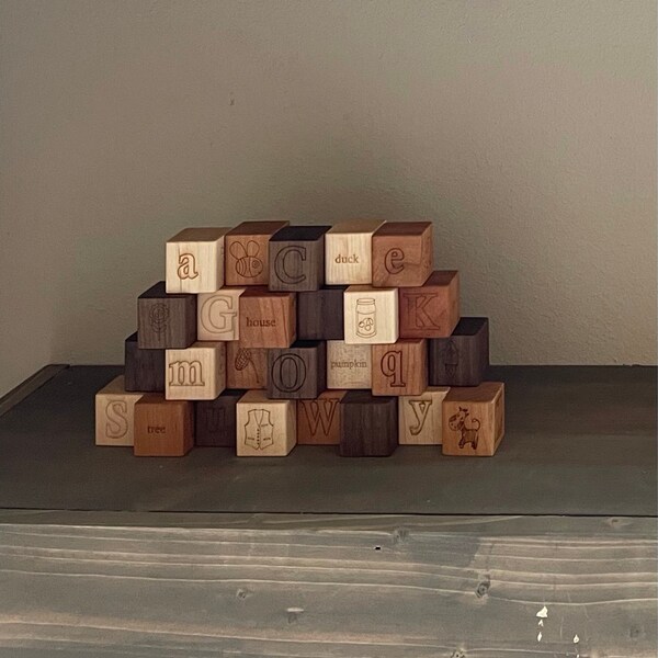 26-piece PICTURE ALPHABET Block Set - Natural Wooden Toy Blocks With ...