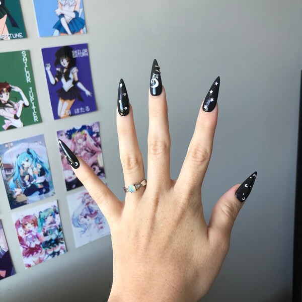 Black Star Moon Press on Nails: Long Stiletto Accent Hoop Nail - Etsy