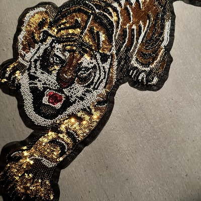 Gold Sequins Beaded Tiger Applique Handmade Sew on Patches for Vintage Clothes Back or Denim ...