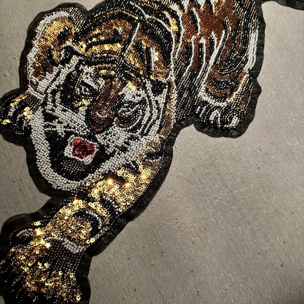 Gold Sequins Beaded Tiger Applique Handmade Sew on Patches for Vintage Clothes Back or Denim ...