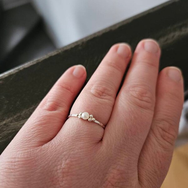 Pearl Ring With Dots - Tiny Pearl Ring With Trio of Silver Dots - Sterling Silver and White ...