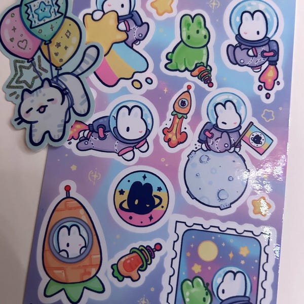 Space Bunny Glossy Waterproof Sticker Sheet Cute Rabbit Galaxy ...